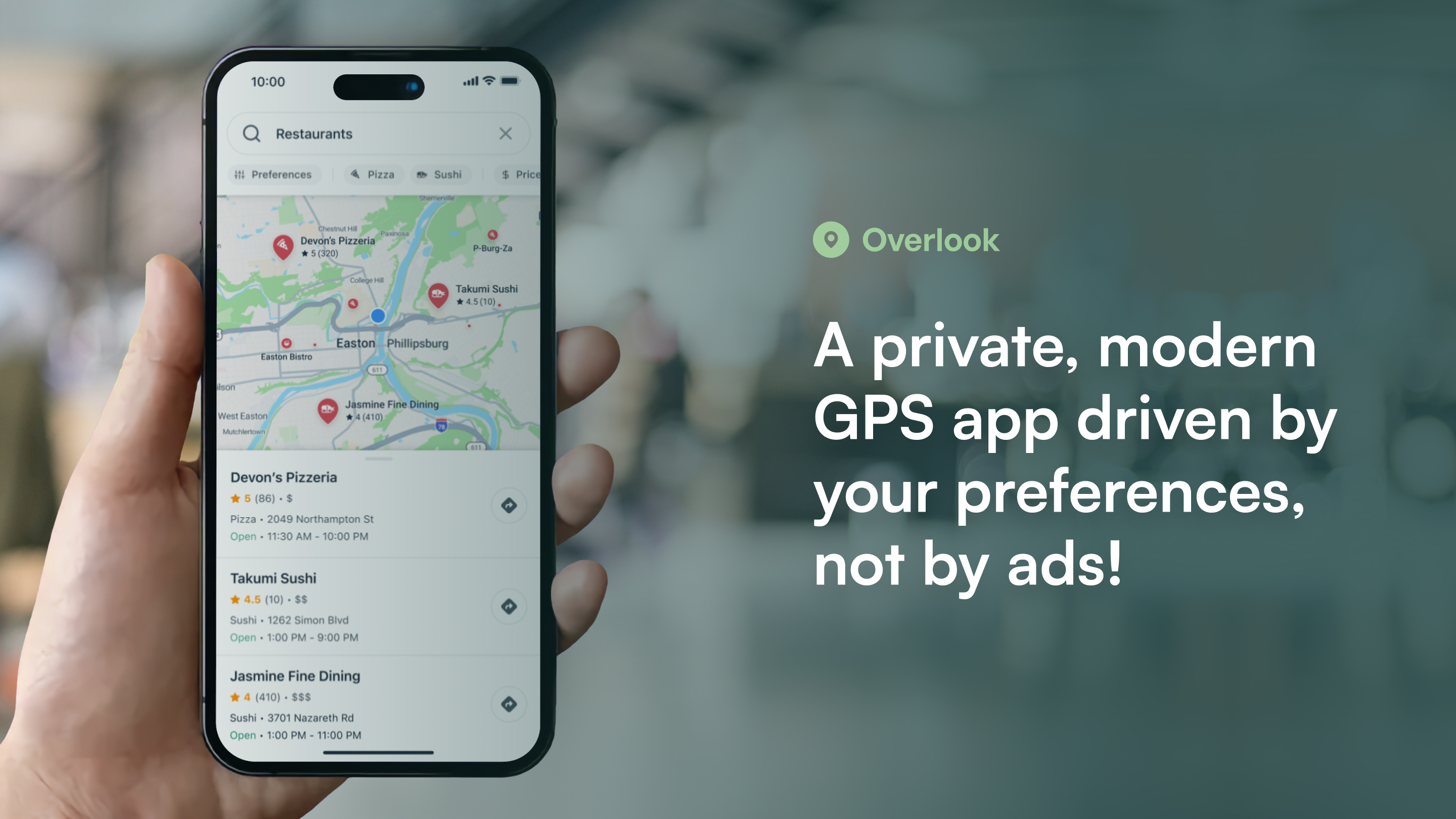 Overlook Maps: Discover nearby restaurants, based on your preferences.